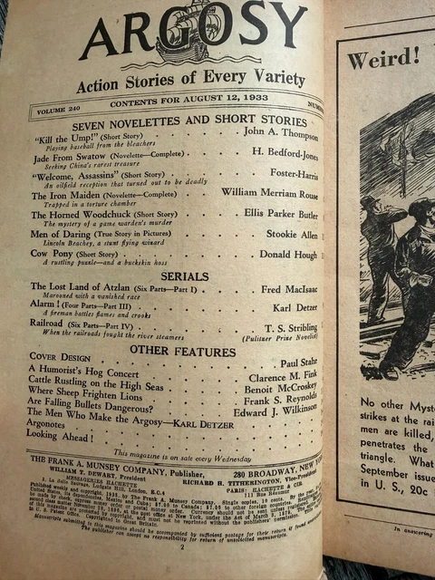 ARGOSY AUG 12 1933 Pulp Magazine VG/FN Breaking Up Pulp Collection £18. ...