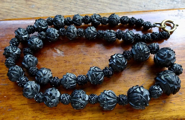 ANTIQUE VICTORIAN CARVED WHITBY JET flower bead mourning necklace push ...