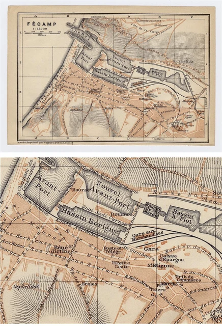 1919 ORIGINAL ANTIQUE City Map Of Fecamp / Normandy Normandie / France ...