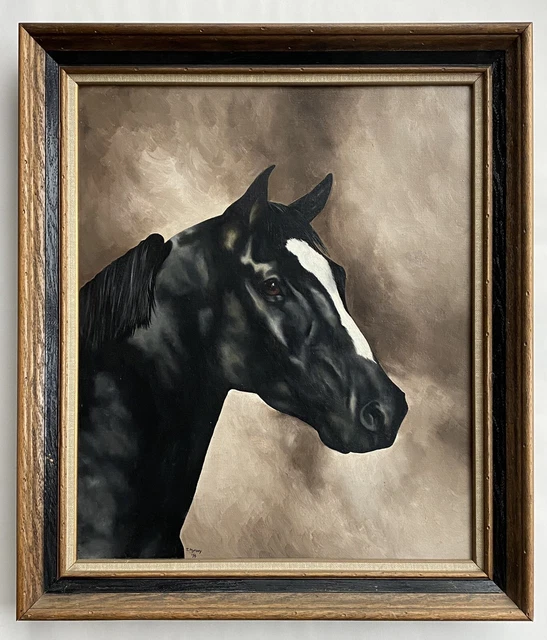 VINTAGE 1970’S BLACK Horse Equestrian Animal Western Portrait Realism Painting £431.74 - PicClick UK