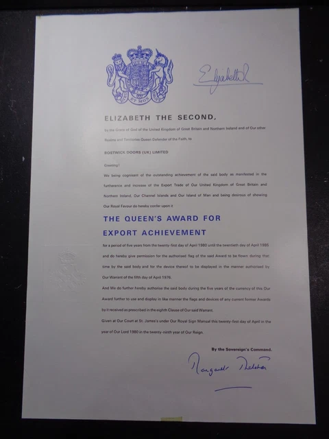 QUEEN ELIZABETH & Margaret Thatcher Signatures - The Queens Award for ...
