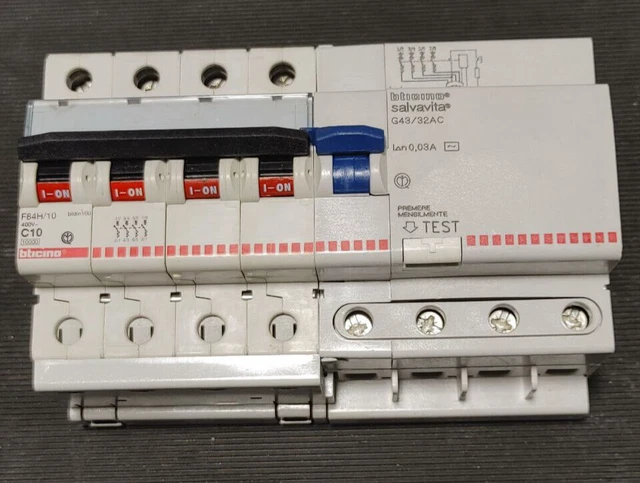 INTERRUTTORE MAGNETOTERMICO DIFFERENZIALE Bticino F84H/10+G43/32AC 4P 10A 0,03A EUR 65,00 ...
