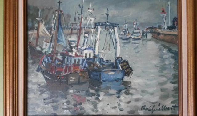 TABLEAU HUILE HST marine signée Robert Guilbert Le Havre Fécamp atelier ...