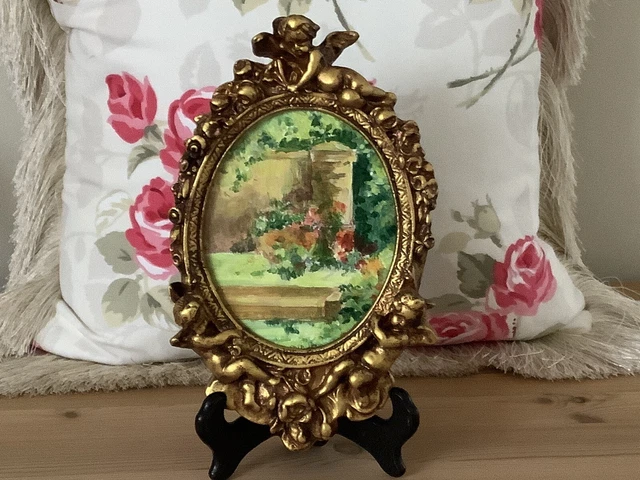 VINTAGE STUNNING ITALIAN Plaster Frame With Ornate Cherubs Floral Oil ...