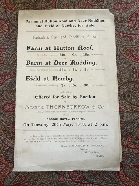 1919 CUMBERLAND FARM Auction Catalogue & Maps – Hutton Roof, Deer ...