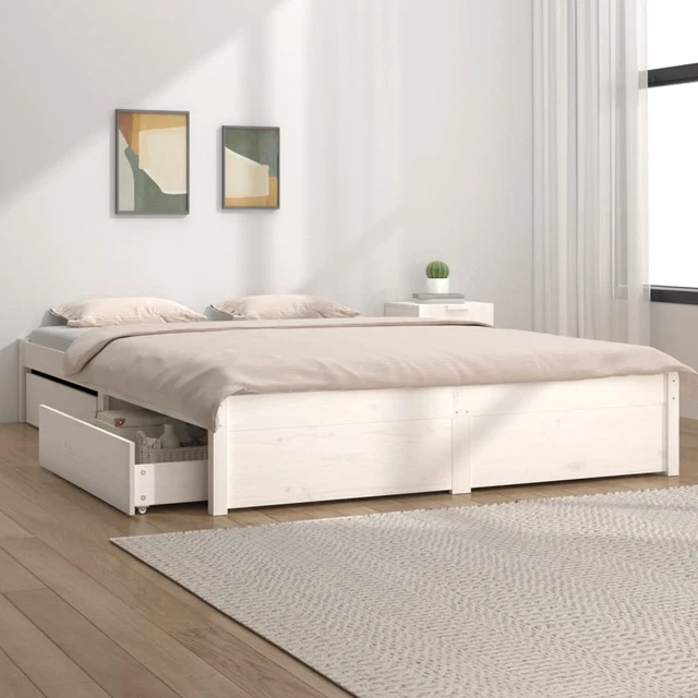 BED FRAME SOLID Pine Wood White 140x200 cm With 4 Storage Drawers ...