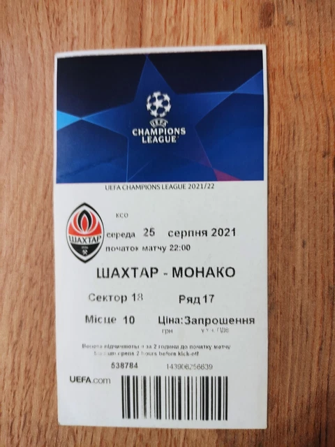 TICKET BILLET FOOTBALL collection UEFA Shakhtar Donetsk/Monaco 25/08/2021 rare EUR 5,00 ...