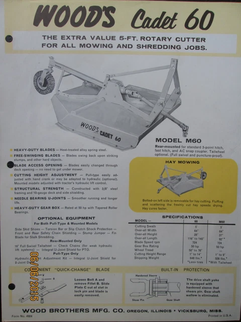 WOOD`S (HESSTON) CADET 60 Rotary Cutter Mower Brochure Vintage Original ...