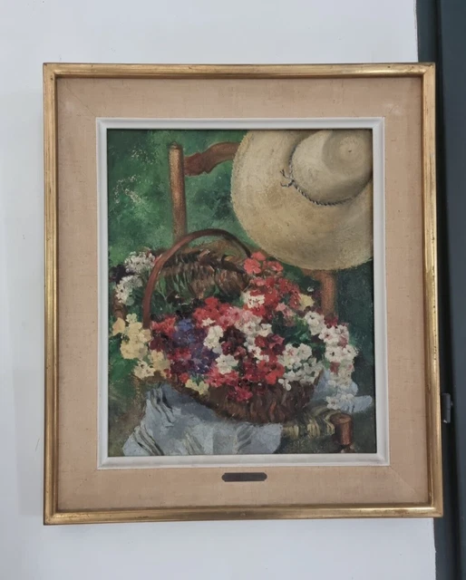 ANCIENNE PEINTURE HUILE fleur Popinet-Conrad "retour du jardin"1944 ...