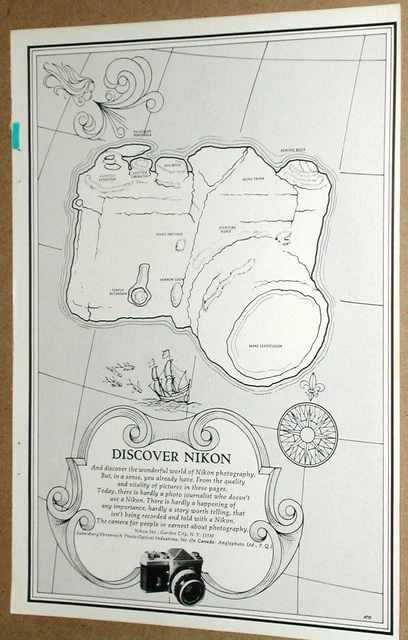 1968 NIKON CAMERA advertisement page, old map with NIKON camera-shaped ...