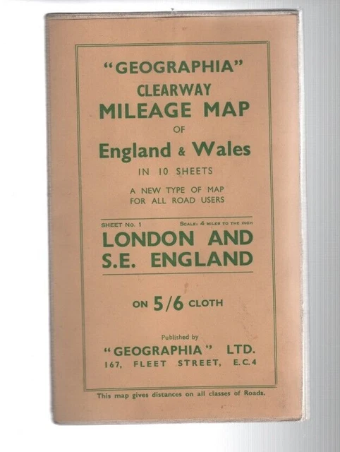 VINTAGE LONDON & S.E. ENGLAND GEOGRAPHIA Clearway Mileage Map Sheet No ...