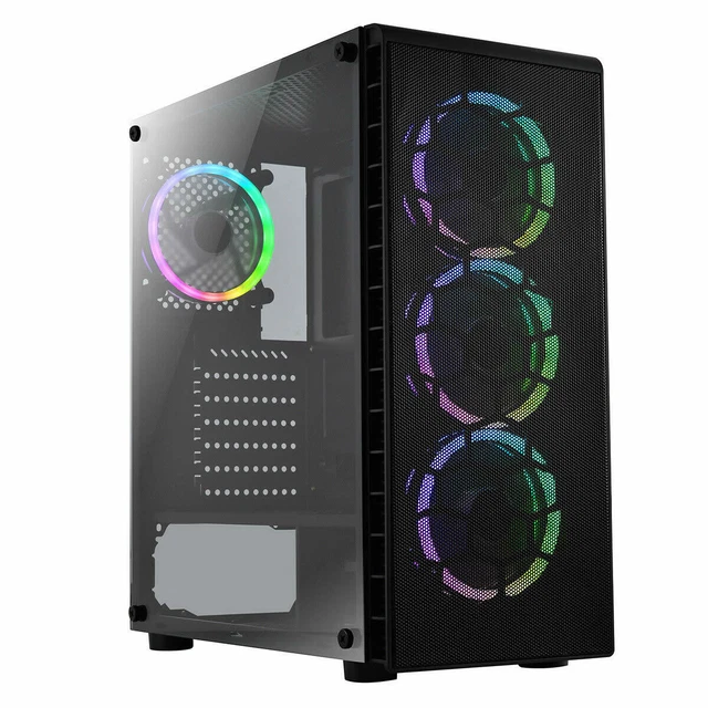 CIT RAIDER AIR Mesh Gaming PC Case Mid ATX 4x LED Fans Full Tempered ...