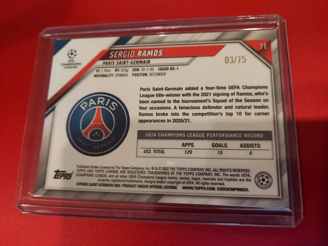 2021-22 TOPPS CHROME UCL Sergio Ramos #71 Bleu & Or Sismique 3/75 PSG Espagne EUR 13,43 ...