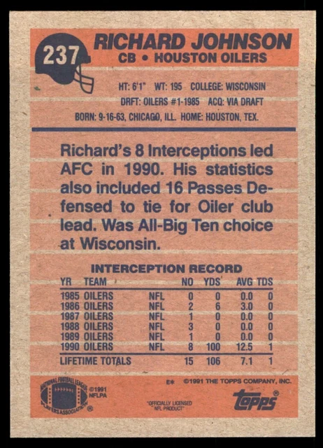 1991 TOPPS RICHARD Johnson recrue Houston Oilers #237 EUR 1,96 ...