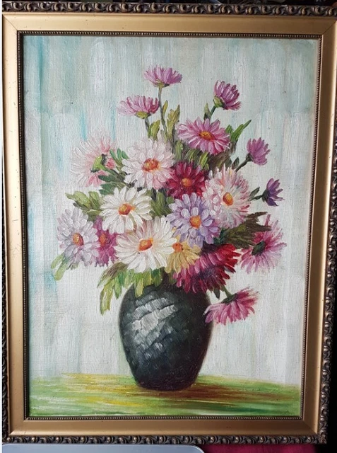 ANCIEN TABLEAU PEINTURE à l'huile sur toile ,nature morte fleurs dans un vase EUR 30,00 ...