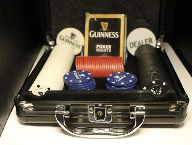 GUINNESS POKER SET - Cards, Chips, Dealer and Blind chip. Carry Case £ ...