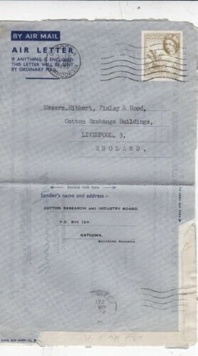 SOUTHERN RHODESIA 1955 6d Air Letter Gatooma-Liverpool VGC b $7.55 ...