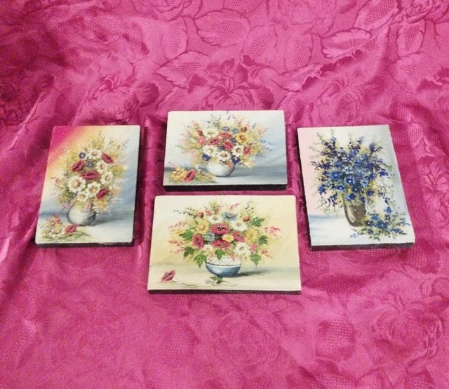 PEINTURE SUR BOIS Bouquet De Fleurs Lot De 4 Petits Romania EUR 10,00 ...