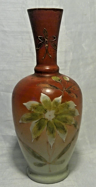 ANTIQUE SMALL GLASS Vase with Hand Painted Flowers Raised Gold Outline ...