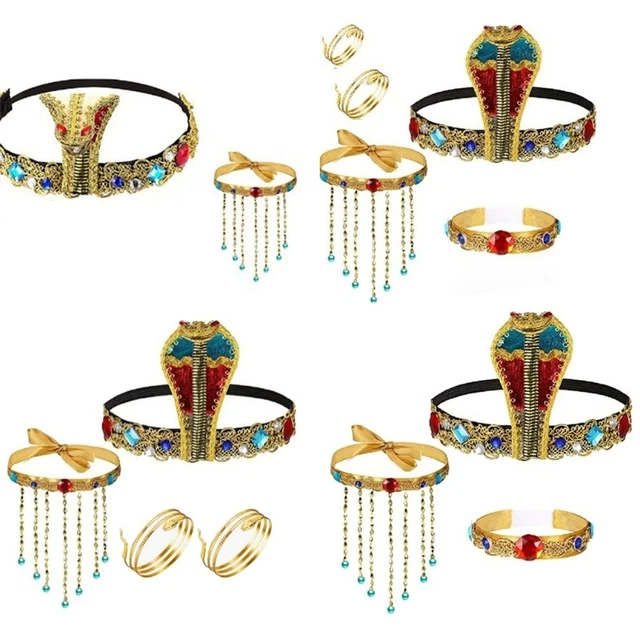 EGYPTIAN COSTUME ACCESSORIES Set Headpiece Arm Cuffs Tassels Beaded ...