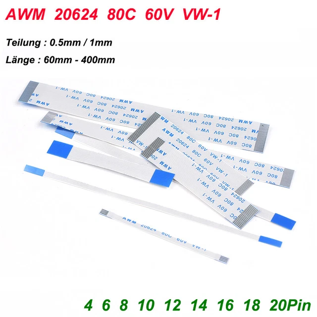 AWM 20624 FLACHBANDKABEL 4-20Pin FFC Flat Kabel Teilung 0.5mm/1mm 80C 60V VW-1 EUR 2,15 ...