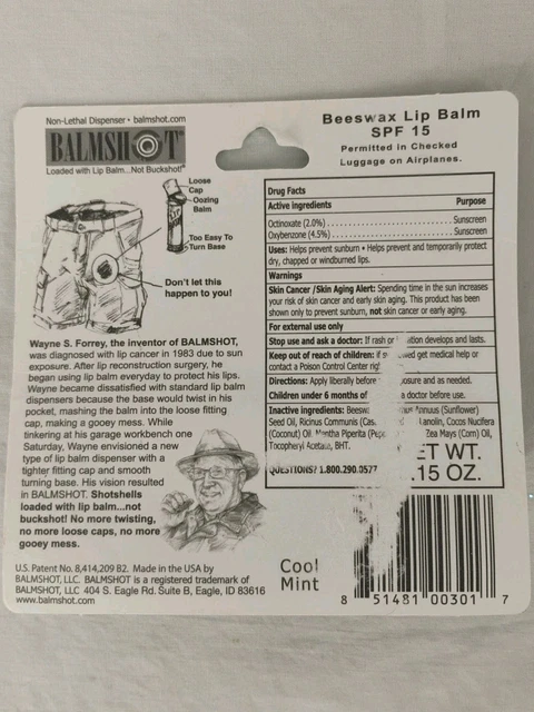NOS BALMSHOT BEESWAX Natural Lip Balm in Shotgun Shell SPF 15 Cool Mint ...