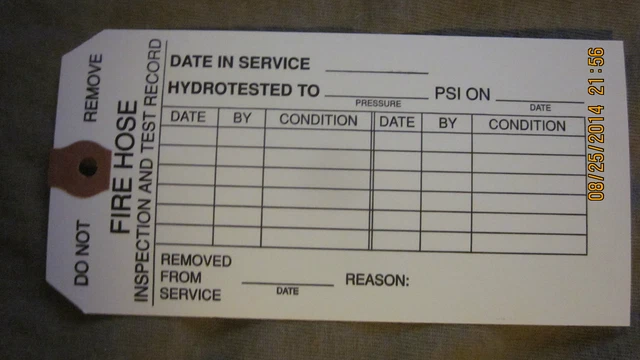 🔥🧯LOT OF 5-HANGING Card Style "Fire Hose Inspection Tags" 2 7/8" X 5 3/ ...