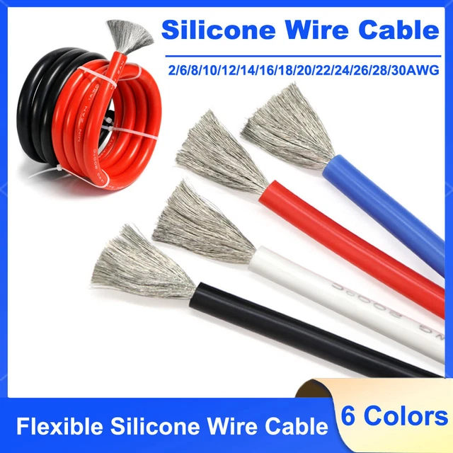 CÂBLE FILAIRE FLEXIBLE en silicone 2/6/8/10/12/14/16/20/22/24/28/30 AWG 6 couleurs EUR 37,94 ...