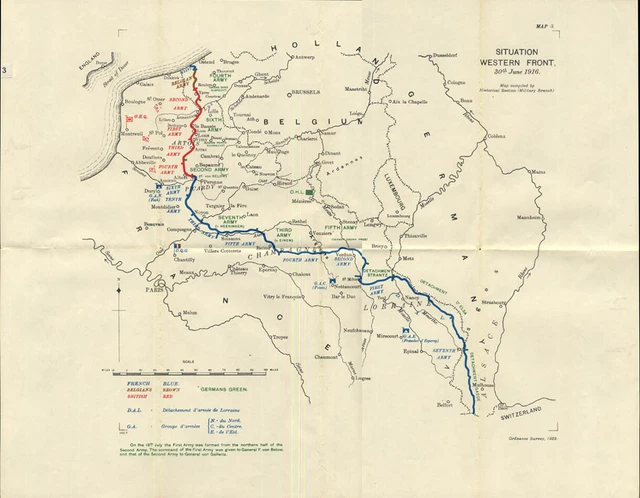 WORLD WAR I Situation Western Front map 30 June 1916: Ordnance Survey ...