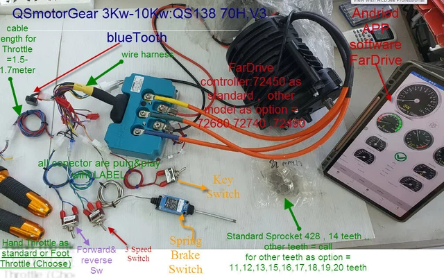 MOTORE BLDC QS138 70H_V3_3Kw,14Kw PeakGear ratio2,35_Controller 24V-90V ...