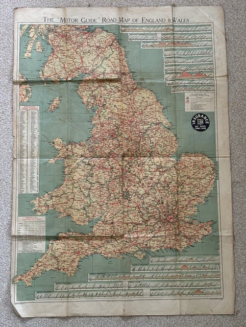 VINTAGE &MOTOR GUIDE& Road Map of England and Wales - circa 1950 paper ...
