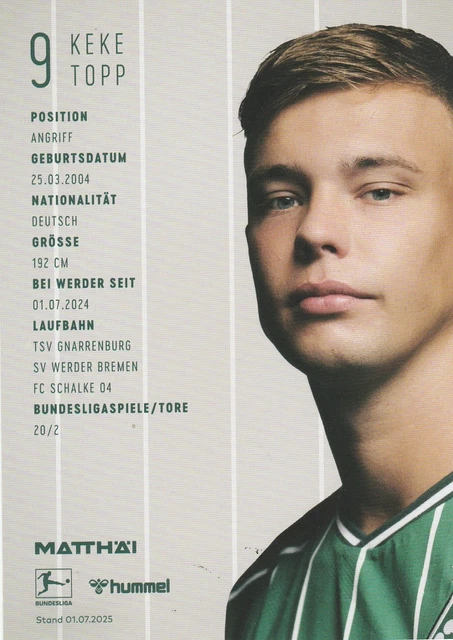 KEKE TOPP AUTOGRAMMKARTE 2025/2026 WERDER BREMEN 2025/26 NEU ORIGINAL ...