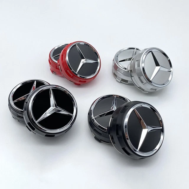 MERCEDES BENZ ALLOY Wheel Centre Caps Black, Red Badges AMG A B C E S ...