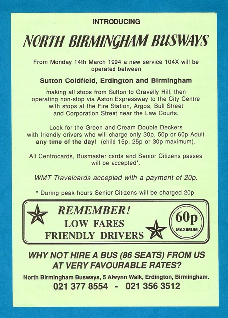 BUS TIMETABLE LEAFLET ~ North Birmingham Busways - 104X Sutton ...