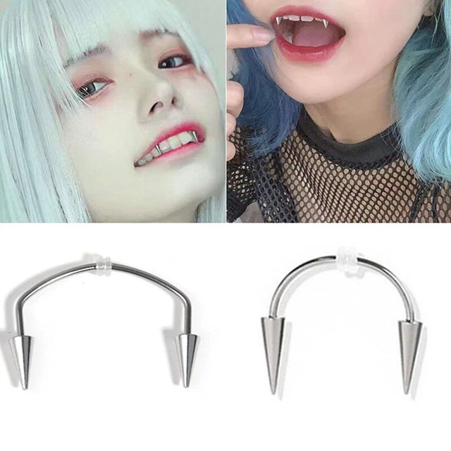 1PC TITANIUM STEEL C Rod Vampire Fangs Tooth Lips Piercing Punk Spiked ...