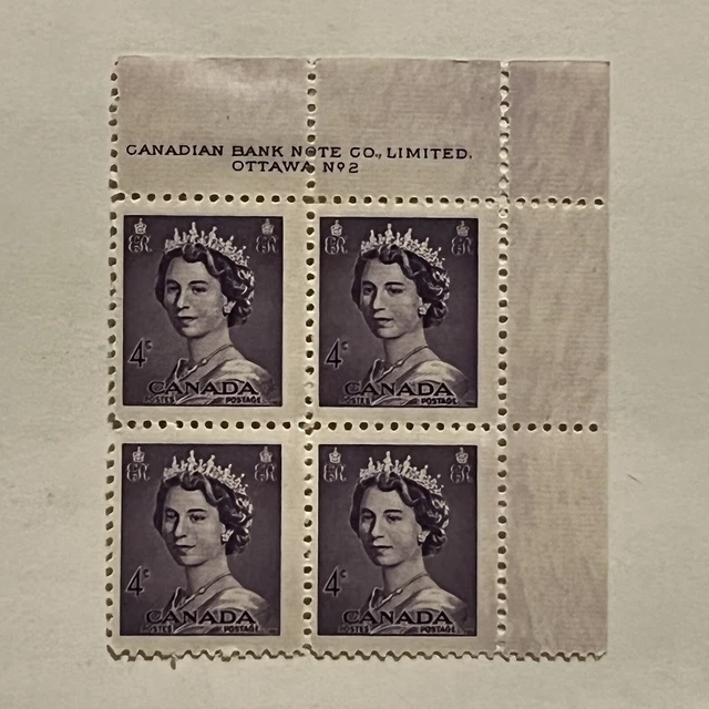 ERROR CANADA 4C MINT MH OG BLOCK OF 4 STAMPS PURPLE INK QUEEN ELIZABETH ...