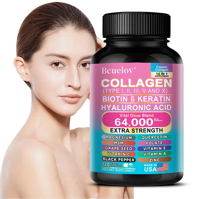 COLLAGEN PEPTIDES TYPES I,II, III,V, X 64000mcg Pills Anti-Aging Skin ...