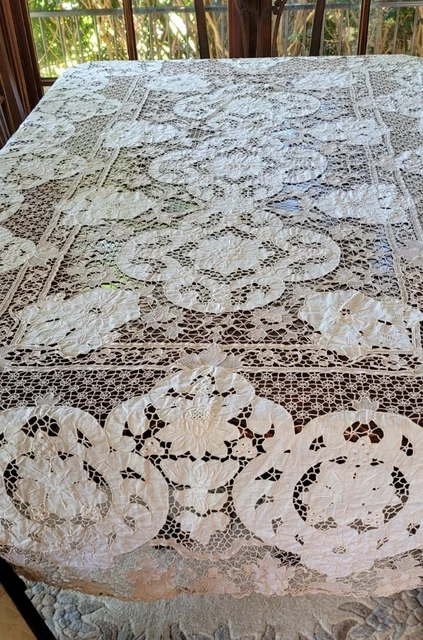 VINTAGE BEIGE CREAM Needlelace Madeira Point De Venise Lace Tablecloth ...