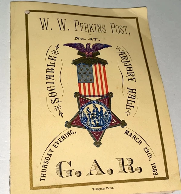RARE ANTIQUE W. W. Perkins Post GAR Civil War Vets Sociable Program! CT ...