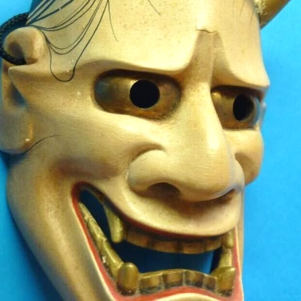 JAPANESE VINTAGE NOH Mask Hannya by Ribun Wood Carving kabuki Kyogen ...