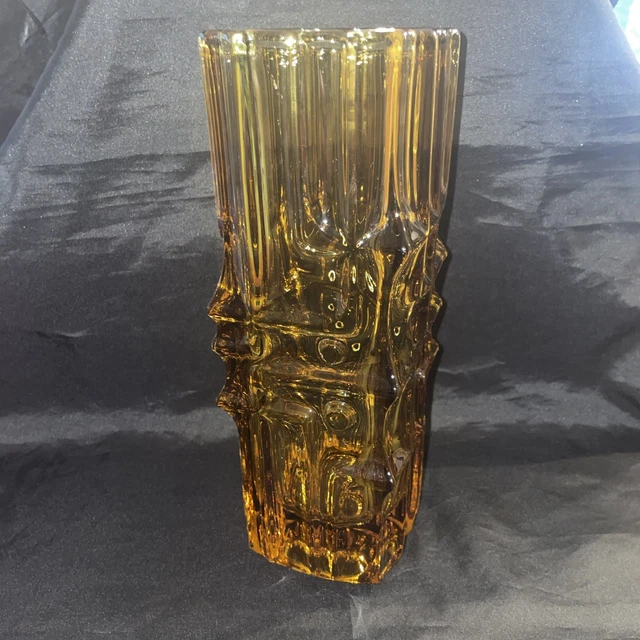 VINTAGE AMBER VASE 9.5” High Very Heavy Melting Ice Czech Design $25.00 ...