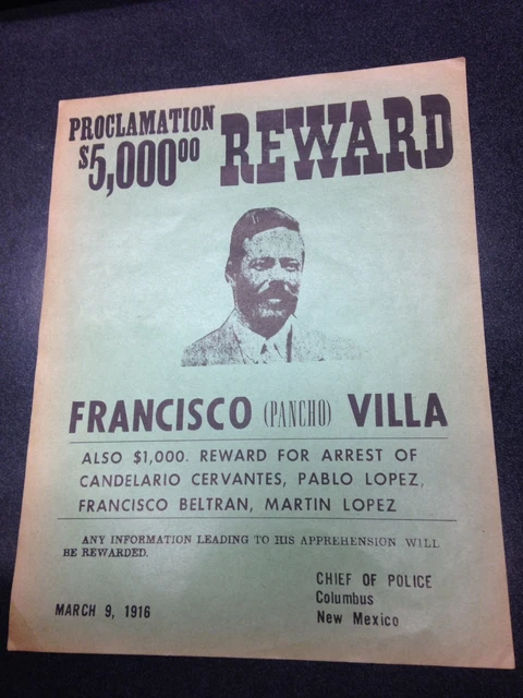 RARE ORIGINAL 1916 Wanted Poster For Pancho Villa By Columbus Police ...