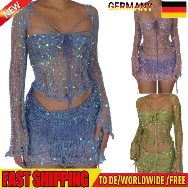 SEXY NAVEL CROPPED T-shirt Set Split Knitted Type H Y2K Style for Beach Vacation EUR 27,60 ...