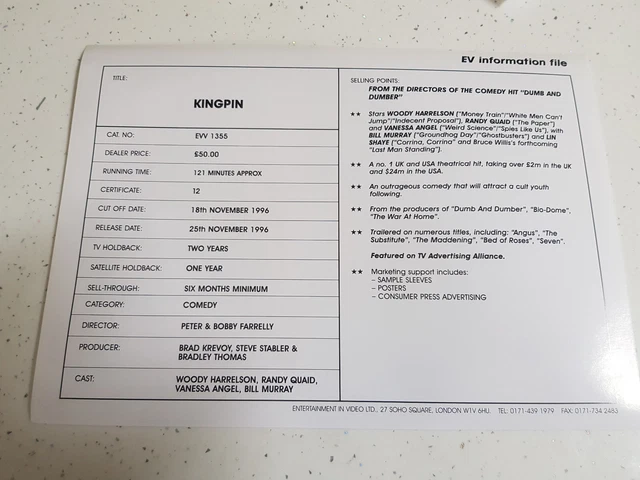 KINGPIN - Sample VHS Video Sleeve - Large Box Woody Harrelson £1.99 ...