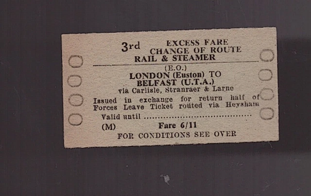 BRITISH RAILWAYS 3RD Classs Excess Fare Rail & Steamer Ticket London to ...