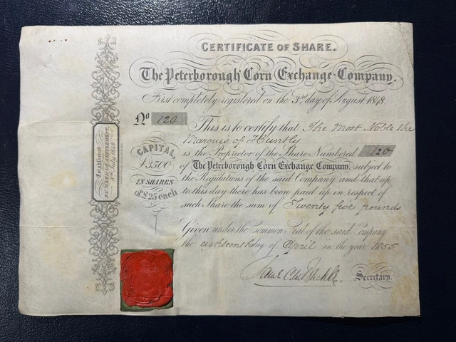 ANTIQUE MARQUIS OWNERSHIP Share Certificate On Vellum Red Wax Stamp ...