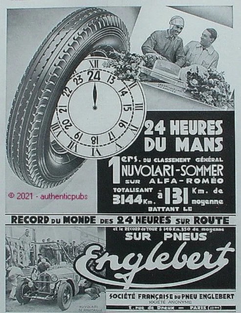 PUBLICITE ENGLEBERT PNEU 24H Du Mans Nuvolari Sommer Sur Alfa Romeo De ...