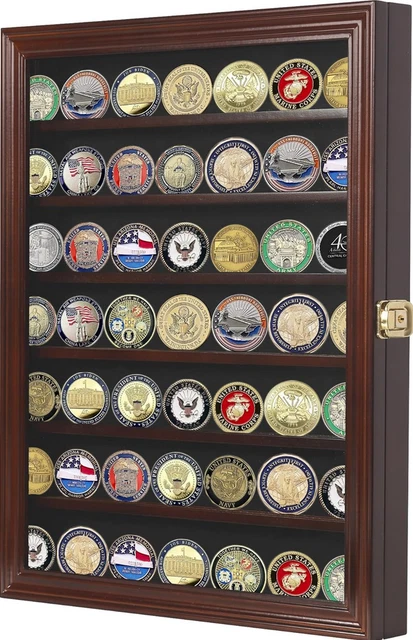 CHALLENGE COIN DISPLAY Case 7 Row Mahogany Military Cabinet Wood Shadow ...
