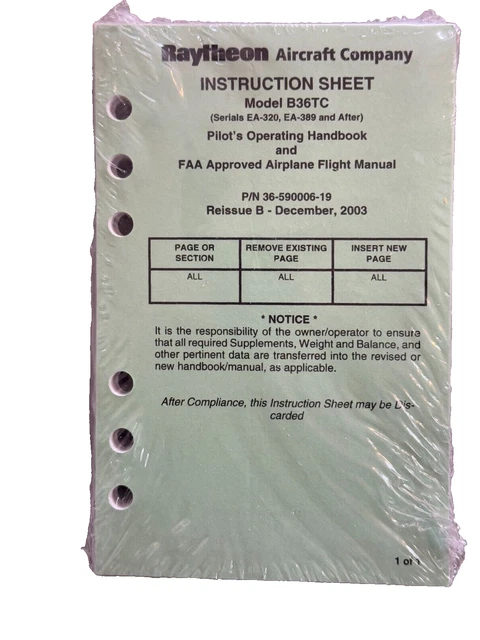 BEECHCRAFT B36TC PILOT'S Operating Handbook FAA Approved Flight Manual ...