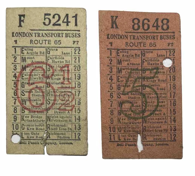 LONDON TRANSPORT USED Tickets Ticket Buses Bus Trolleybus ROUTE 65 x2 ...